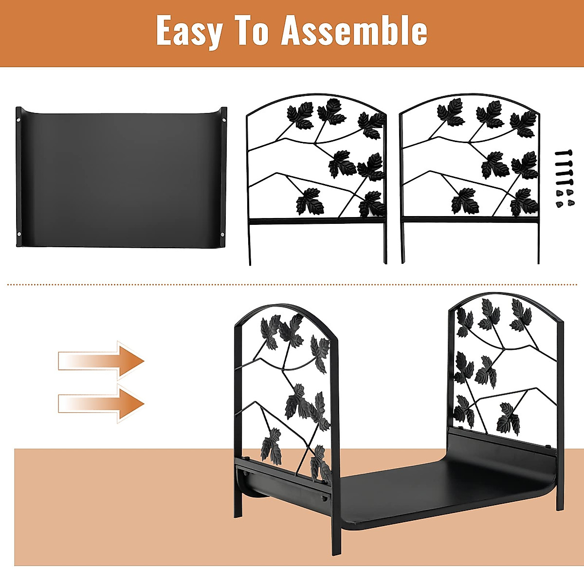 Firewood Rack Outdoor Indoor, Fireplace Wood Storage Holder with Exquisite Leaf Patterns, Heavy Duty Logs Rack Stand, Fire Wood Rack Bracket for Stove Fire Pit, 110 lbs Load Capacity, Easy Assembly
