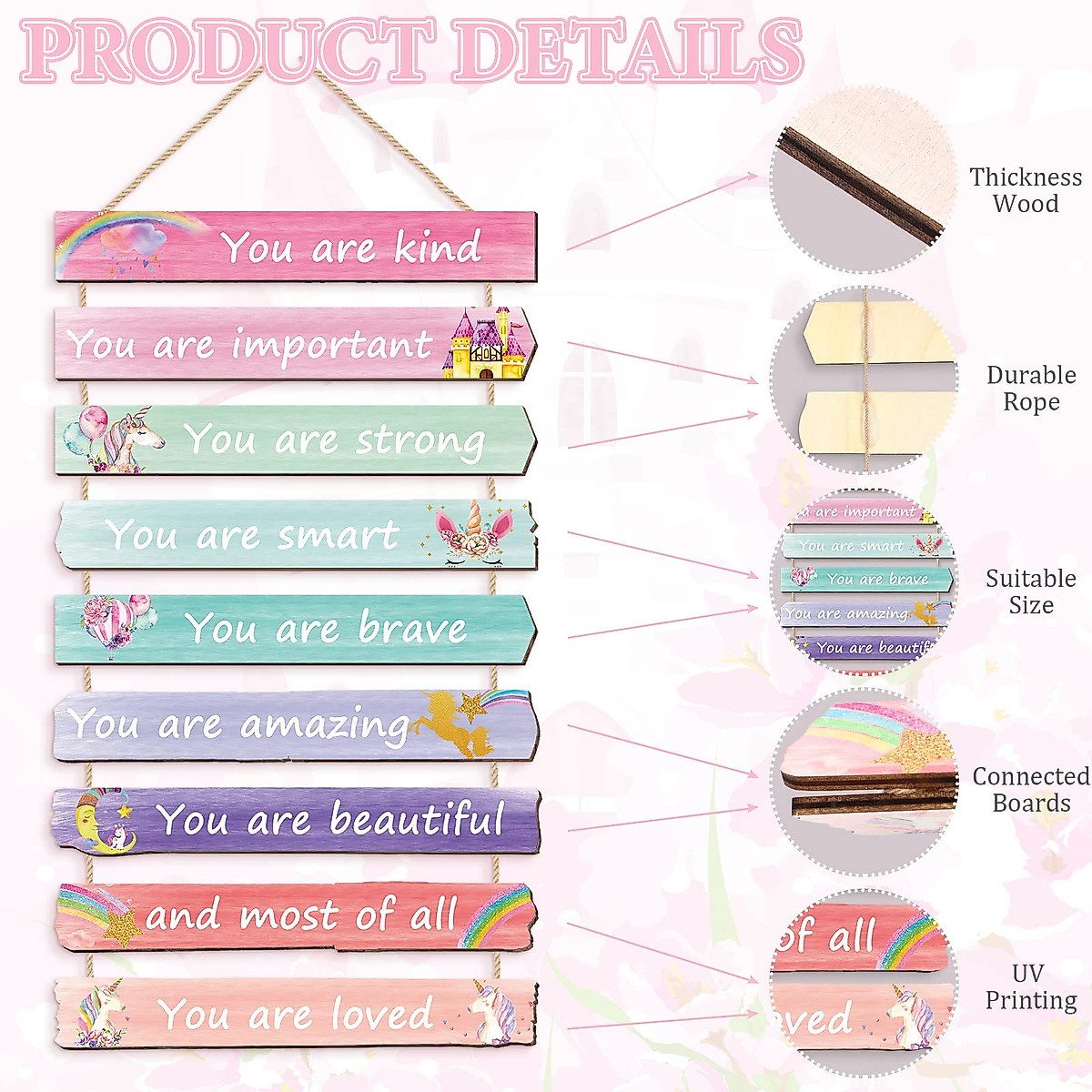 Yookeer Set of 9 Unicorn Rainbow Room Wall Decor for Teen Girls Inspirational Wall Unicorn Rainbow Motivational Art Aesthetic pink Wood Art Signs for Princess Nursery Room Bedroom