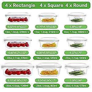 HOMBERKING 12 Sets Glass Food Storage Containers with Lids, Glass Meal Prep Containers, Airtight Glass Bento Boxes, BPA Free & Leak Proof, Pantry Kitchen Storage(12 lids & 12 Containers) - White