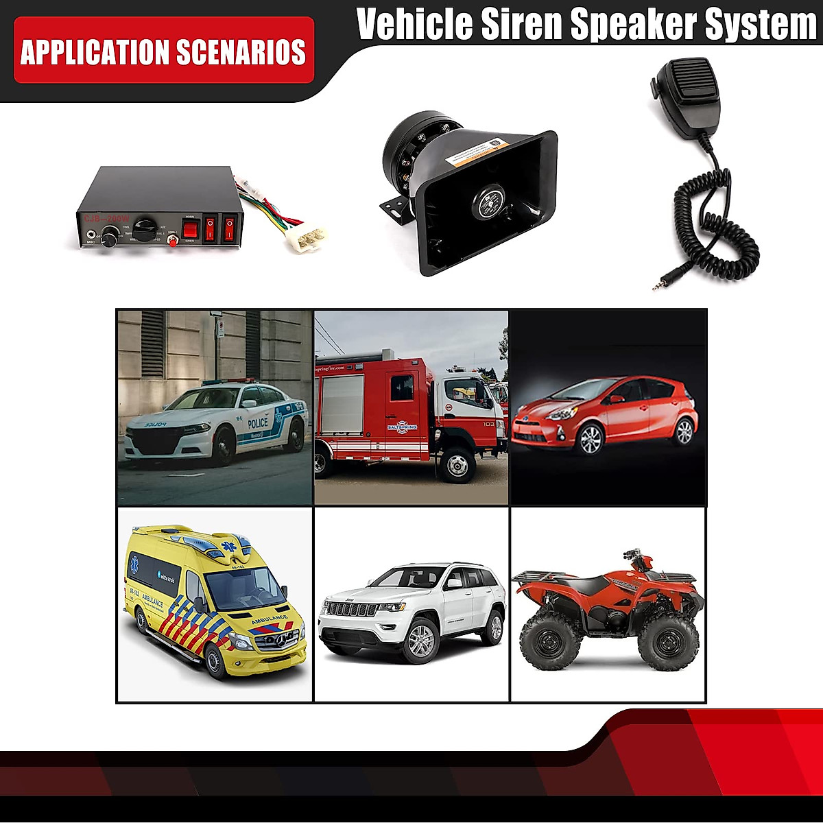 9 Tones Police Siren 200W Wired Handheld Microphone Loudspeaker Emergency Siren Electronic PA System Amplifier Black Plastic Square Speaker DC12V