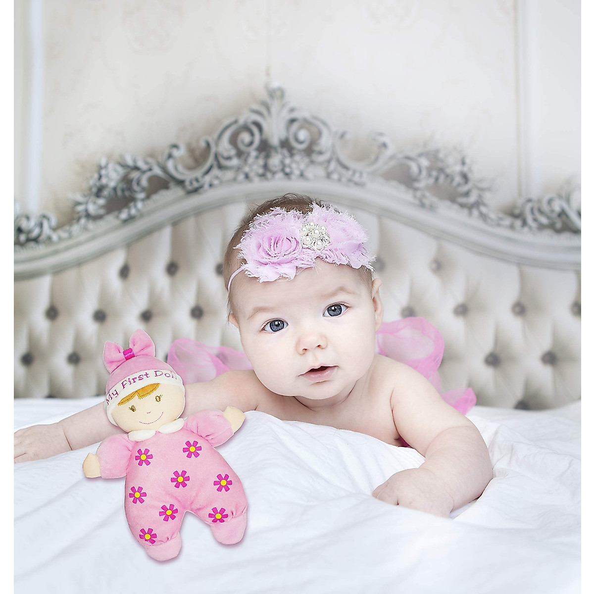 June Garden 9" My First Doll Sienna - Soft Plush Baby Doll with Rattle - Pink Outfit