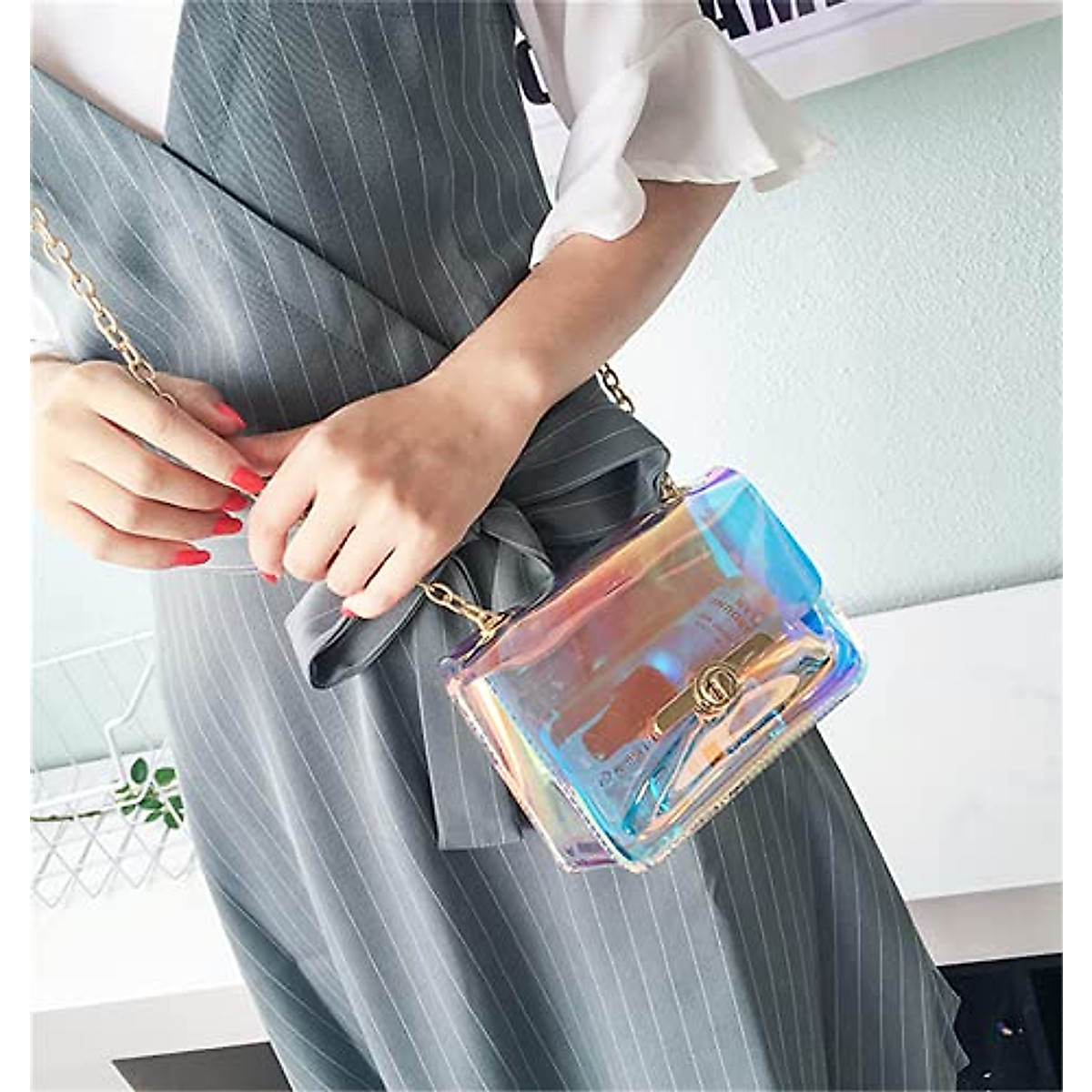 Limmuchi Holographic Bag Iridescent Purse for Women Evening Clutch Clear Purse Stadium Concert Approved (Small-16x5x12cm)