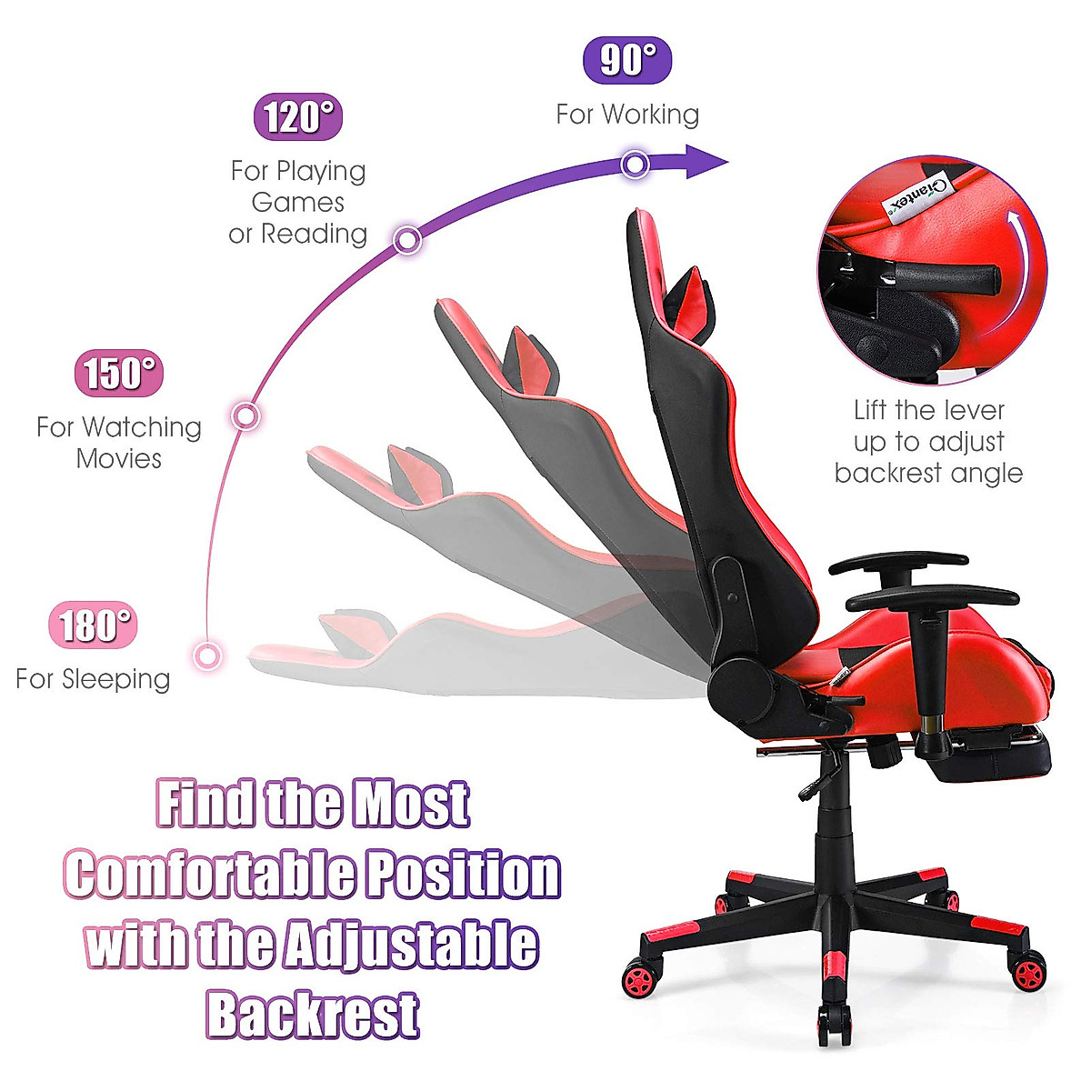 POWERSTONE Gaming Chair - Ergonomic Gaming Chair with Footrest for Women Racing Esports Computer Chair High-Back Massage Leather Recliner Rolling Swivel Chair (Red)