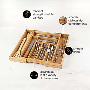 Bamboo Kitchen Drawer Organizer - Easily Adjust The Wooden Tray Width to Drawer Size, Deep Enough to Fit Entire Drawer and Accommodates Different Kitchen Utensil and Cutlery Sizes.