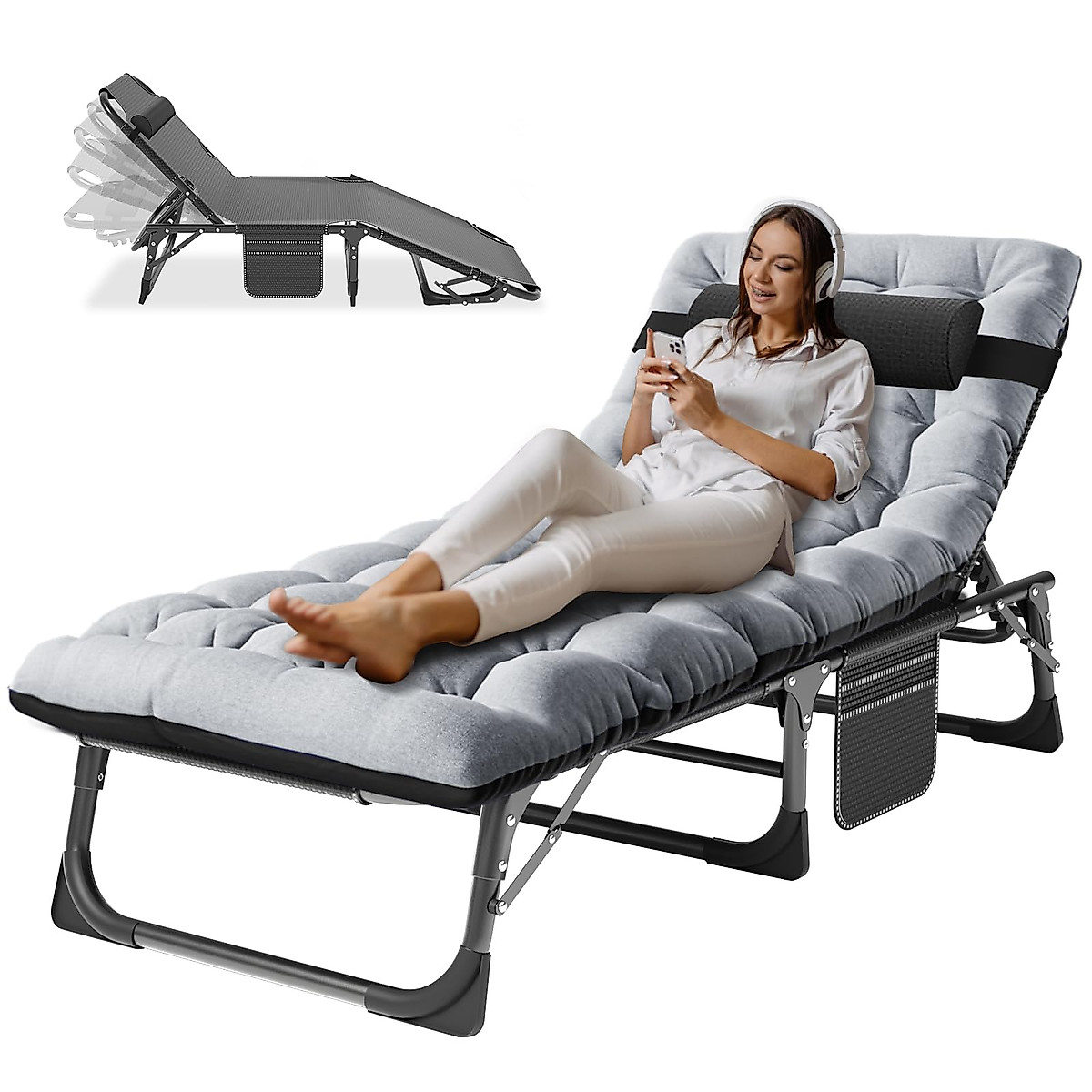 Barbella Folding Lounge Chair 5-Position, Folding Cot, Portable Outdoor Folding Chaise Lounge Chair for Sun Tanning, Perfect for Pool Beach Patio Sunbathing, Onesize, Cool Gray
