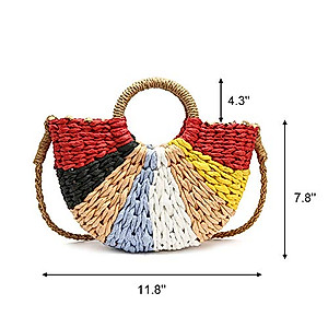 QTKJ Women Summer Retro Straw Tote Bag Hand-woven Colorful Boho Shoulder Bag Crossbody Bag Round Handle Beach Handbags