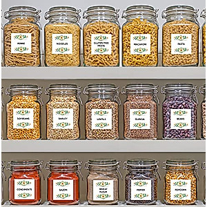 144 Pantry Labels for Food Storage Containers, Waterproof Printed on White Glossy Labels, Household Stickers + Numbers, Floral Kitchen, Water Resistant, Organization for Jars and Canister