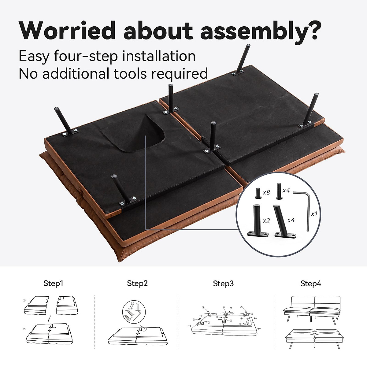 Hcore Convertible Futon Sofa Bed,Brown Faux Leather Memory Foam Loveseat,Small Euro Lounger Sofa for Compact Living Spaces,Apartment,Dorm,Studio,Guest Room,Home Office/Cushion Thickening