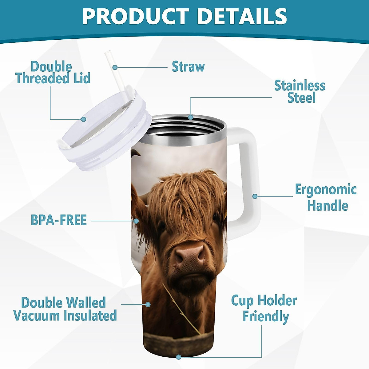 Jihqo Scottish Highland Cattle Cows 40 oz Stainless Steel Vacuum Insulated Tumbler with Handle and Straw Lid, Leakproof Water Bottle Double Wall Travel Mug Coffee Cup, Cupholder Friendly