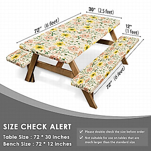 Britown Picnic Table Cover with Bench Covers Elastic Edges, Wild Flower Fitted Table Cover, Outdoor Patio Camping Essentials 72 Inch 3PCS, Waterproof Camping Fitted Tablecloth with Drawstring Bag