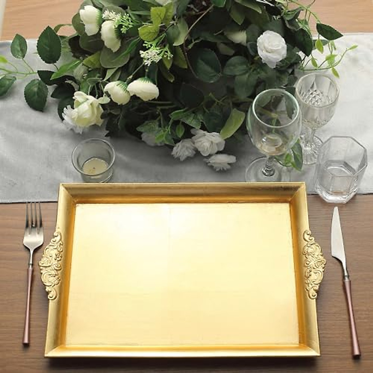 Efavormart 2 PCS - Gold 14" x 10" Rectangle Decorative Plastic Serving Trays with Embossed Rims for Wedding Birthday Party