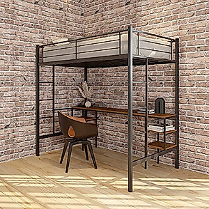 Metal Twin Loft Bed with Desk and Storage Shelves, Space-Saving Bed Frame with 2 Side Ladders and Safety Guard Rails for Kids Teens Adults, No Box Spring Needed