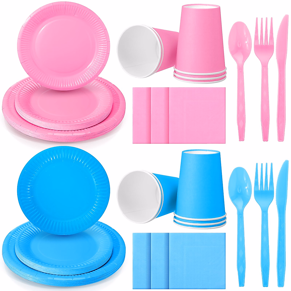 Dandat 280 Pieces Pink Blue Paper Plates and Napkins 9oz Paper Cups Plastic Knives Forks Spoons Disposable Tableware Pack for Gender Reveal Baby Shower Birthday Party Supplies, Serves 40