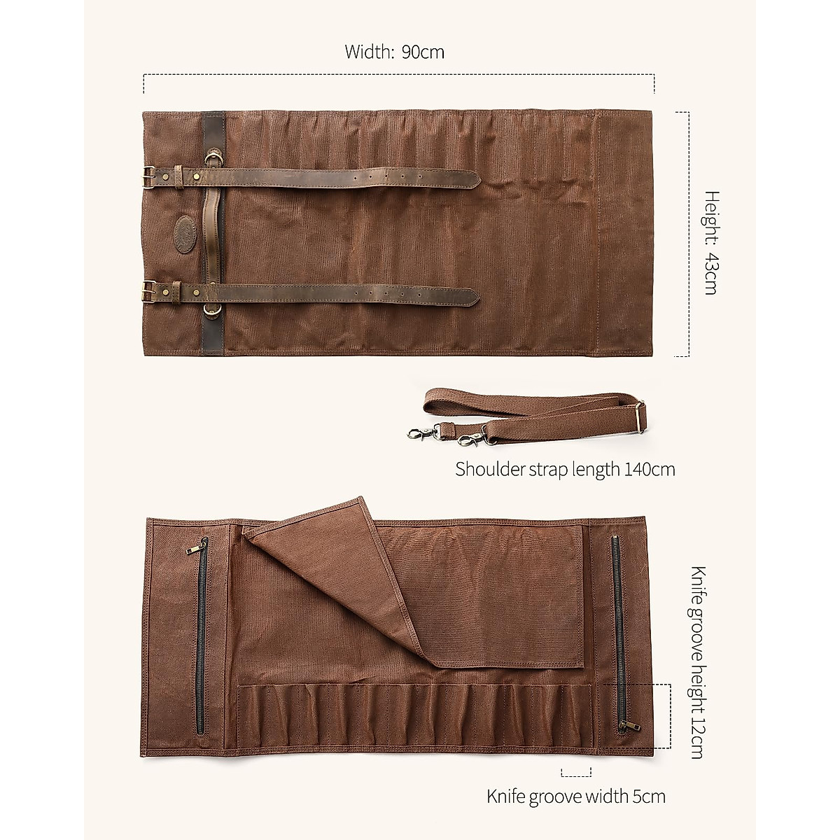 XINZUO Chef Knife Roll Bag-Professional Chef Knife Case-16oz Waxed Canvas and Crazy Horse Leather -With 12 Slots Plus 2 Zipper Pockets to Hold Kitchen Cooking Tools-Travel Tool Roll Pouch(Bag Only)