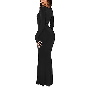 REORIA Women's Sexy Casual V Neck Long Sleeve Lounge Long Dress Elegant Fall Wedding Guest Tight Ribbed Bodycon Maxi Dresses Black Large
