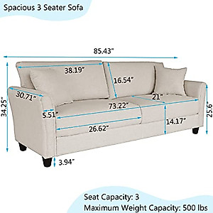 mikibama Linen Fabric Sofa 85 Inches Mid-Century Modern Couch 3 Seater Sofa with 2 Throw Pillows Upholstered Sofa with Rolled Armrest for Living Room, Apartment, Bedroom (Beige)
