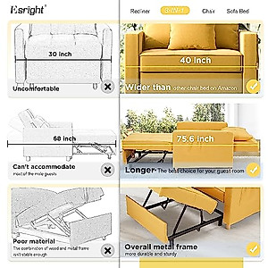 Esright 40 Inch Sleeper Chair Bed 3-in-1 Convertible Futon Chair Multi-Functional Sofa Bed Adjustable Reading Chair with Modern Linen Fabric, Yellow