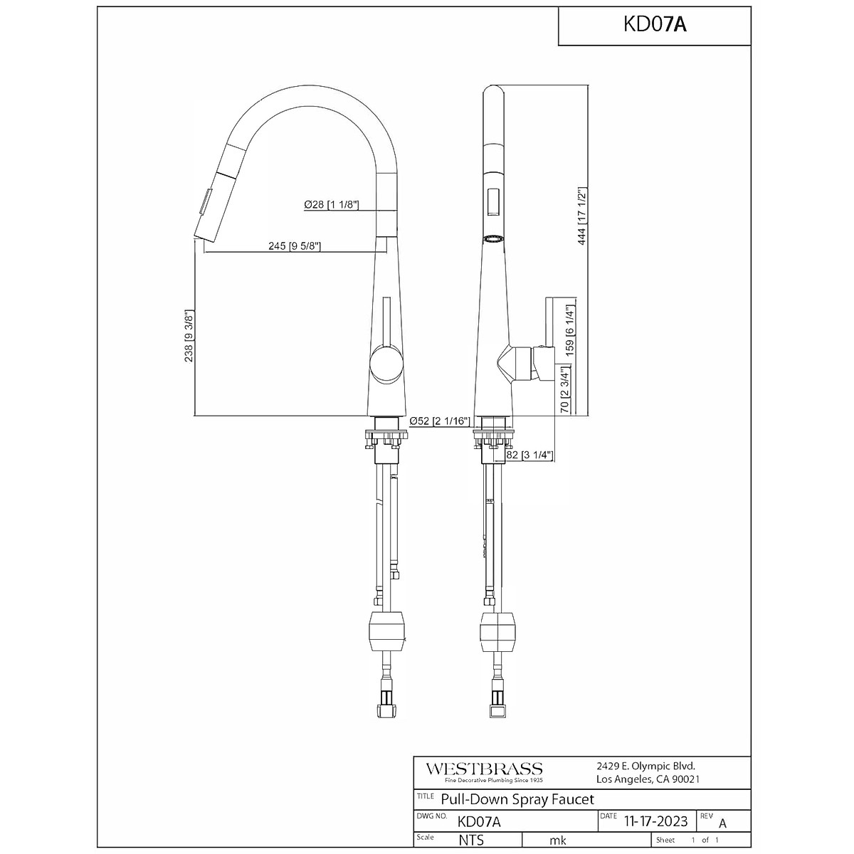 Westbrass KD07A-26 17" Single Handle Kitchen Faucet with Adjustable Pull Down Sprayer, Polished Chrome