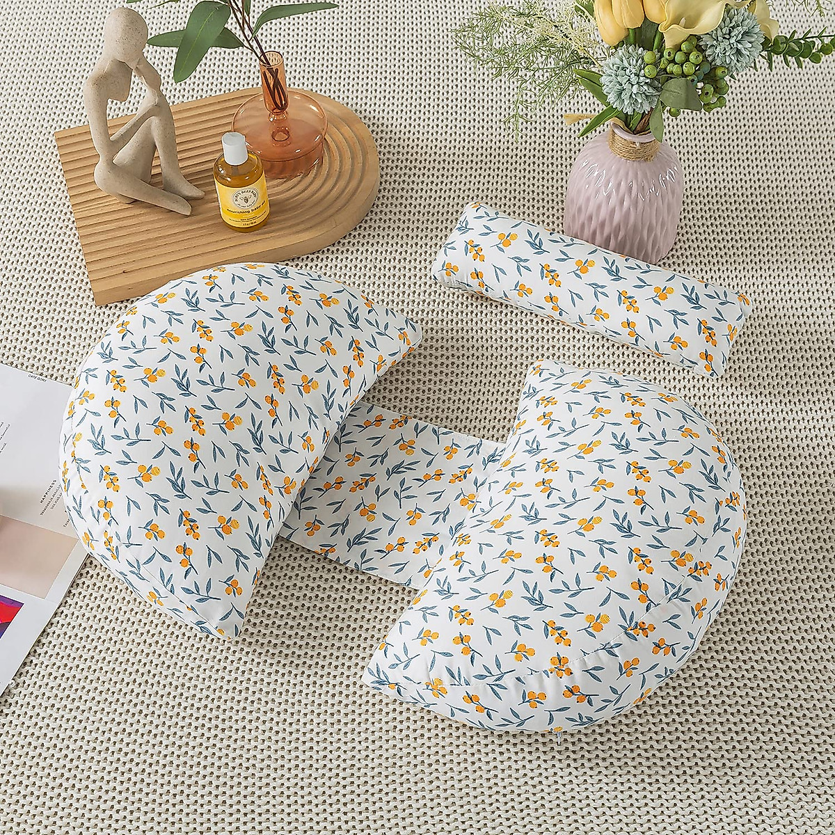 Lemfux Maternity Belly Double Wedge Pillows for Pregnant Women Sleeping, Small Adjustable Fruit Printed Pregnancy Pillow for Back Support, 100% Cotton, White, for Side Sleeper