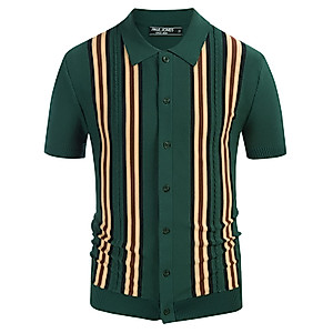 PJ PAUL JONES Mens Retro Striped Polo Shirt Short Sleeve Button Down Knitted Shirts Green M