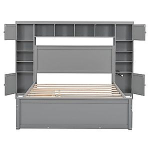 Harper & Bright Designs Queen Platform Bed with All-in-One Cabinet, Shelf and Sockets, Wood Queen Beds with 2 Storage Drawers and Trundle, Queen Size Bed Frame for Bed Room, No Box Spring Needed,Gray