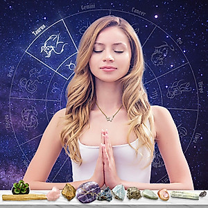 DANCING BEAR Taurus Zodiac Healing Crystals Gift Set (14 Pc): 9 Stones, 18K Gold-Plated Constellation Necklace, Meteorite, Succulent Candle, Palo Santo Smudge Stick & Info Guide, Made in The USA