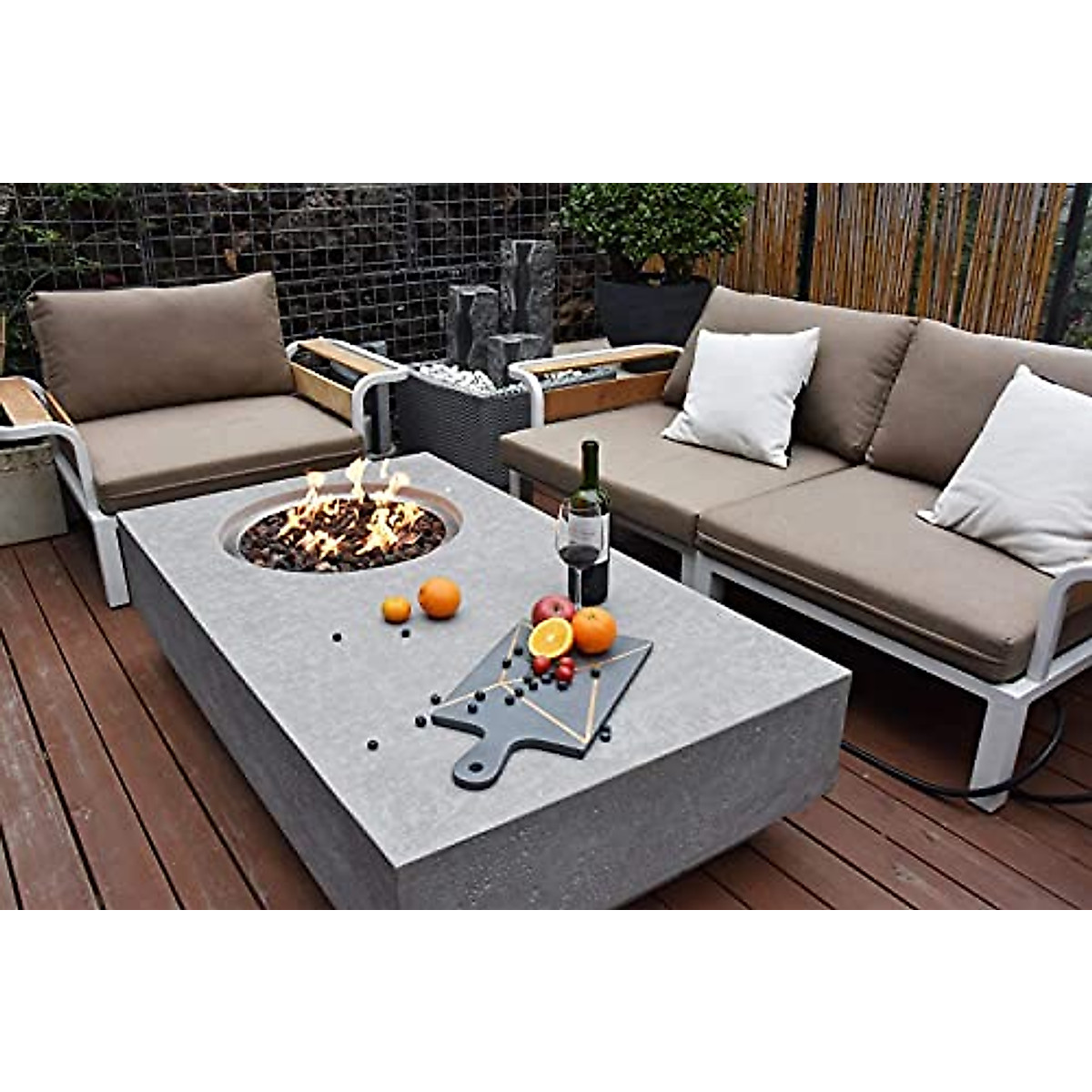 Elementi Metropolis Table Cast Concrete Natural Gas Fire Table, Outdoor Fire Pit Fire Table/Patio Furniture, Canvas Cover & Lava Rock Included with Free AMS Fireplace Wind Guard