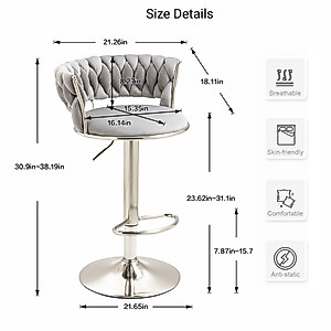 Keainvren Velvet Wave Hollow Barstools Set of 2, Modern Adjustable Swivel Bar Height Chairs Counter Stools with Back for Home Bar Kitchen Island Dining Rooms