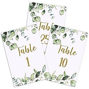 26 Pieces Wedding Table Numbers Cards 1-25 with Head Table Numbers Greenery Eucalyptus Table Cards Double Sided Party Table Numbers for Wedding Reception Baby Shower Birthday Bridal Party (Gold)