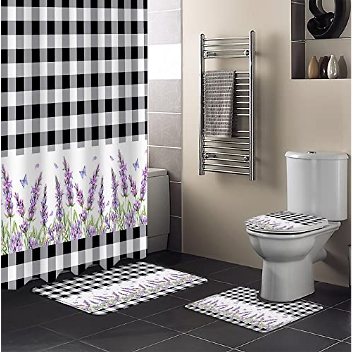 YESOF66 4PCS Bathroom Mat Sets,Purple Lavender with Black White Buffalo Plaid Bathroom Decor Shower Curtain Bath Mat Non-Slip Toilet Seat Cover Bathroom Mat 72x72in&Large Rugs