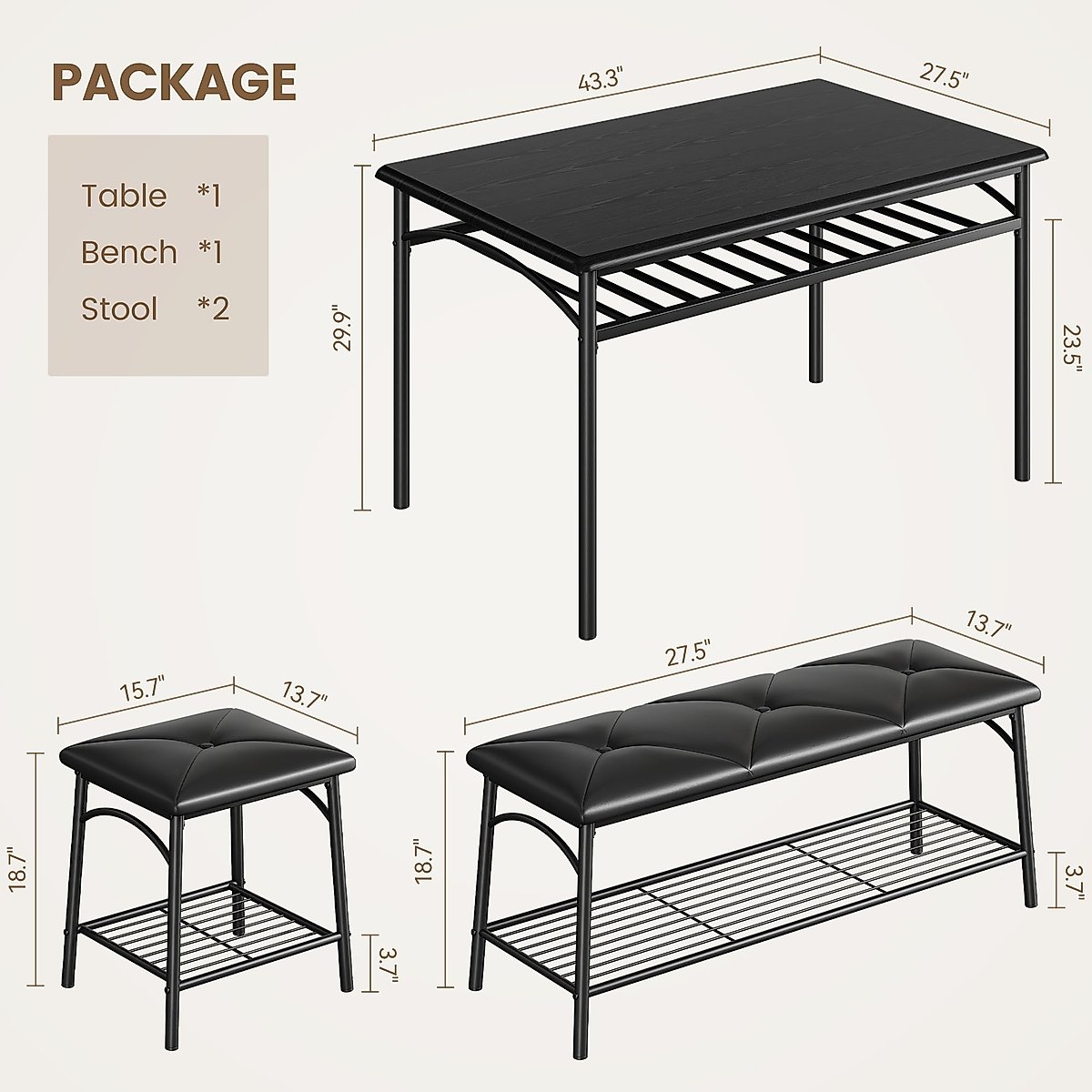 GAOMON Dining Table with Benches, Kitchen Table Set for 4, Dining Room Table Set with Upholstered Bench and Square Stools, Metal and Wood Dining Table Set for 4 with Storage for Small Space-Black