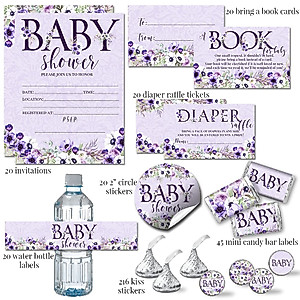 Amanda Creation Watercolor Violet Floral Baby Shower Party Bundle Includes 20 each of Invitations with Envelopes + 4 Different Sizes of Decorative Stickers, Diaper Tickets & Bring a Book Cards