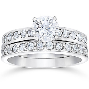 P3 POMPEII3 1 Carat Diamond Engagement Ring Matching Wedding Band Prong Set 14K White Gold - Size 6.5