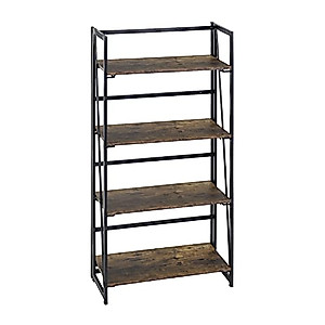 FurnitureR 4-Tier Bookcase Folding Bookshelf Home Office Industrial Bookcase with Metal Frame No Assembly Storage Shelves Vintage Flower Stand Rustic Book Rack Organizer, 23.6 X 11.8 X 49.2 Inches