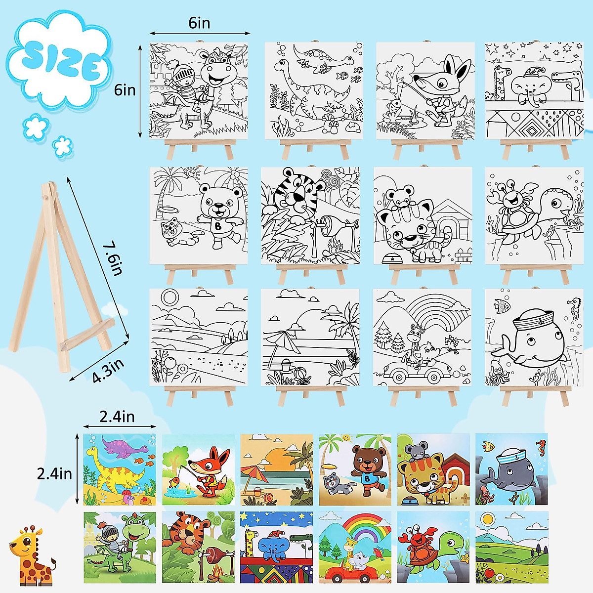 Tenceur 12 Sets Pre Drawn Canvas to Paint Paint Your Own Designer Canvas Set Coloring Painting Canvas Panels Pre Stenciled Canvas Boards with Paints and Brushes for Kid Adult(Cute Style)