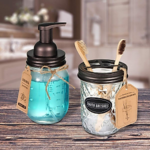 Amolliar Mason Jar Foaming Soap Dispenser, Rustproof Stainless Steel Lid, BPA Free Foam Pump, Waterproof Labels, Rustic Farmhouse Decor Refill Hand Soap Dispenser Bathroom Accessories– Bronze (2 Pack)
