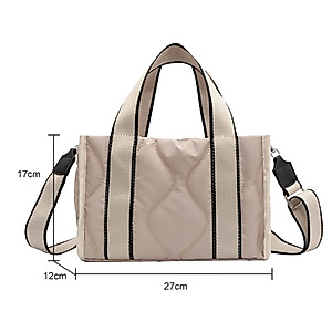 AZURAOKEY Puffer Tote Bag for Women, Fashion Crossbody Bags Cotton Padded Shoulder Crossbody Bag Quilted Hit Color Portable Zipper Autumn Winter Purse for Office Travel-Beige