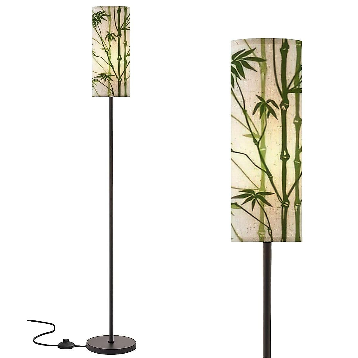 RZNTJHUINA Boho Standing Lamps Green Bamboo Pattern White Tropical Nature Minimalist Floor Lamp Metal Pole Lamp with Linen Lampshade for Bedroom Living Room Office Nursery Reading Foot Switch