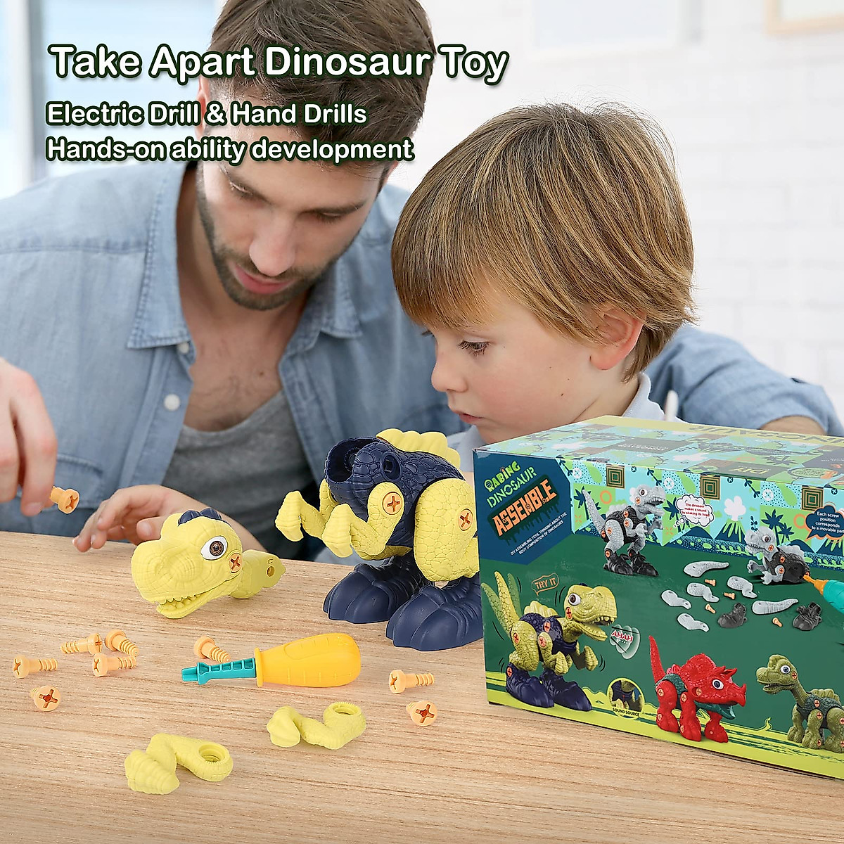 Rabing Dinosaur Toys for Boys 3 4 5 Years Old, Take Apart Dinosaur Building Toys with Electric Drill 4 Packs, Dinosaur Toys Set Educational STEM Gift Toy for Kids Boys Girls 3+ Years Old