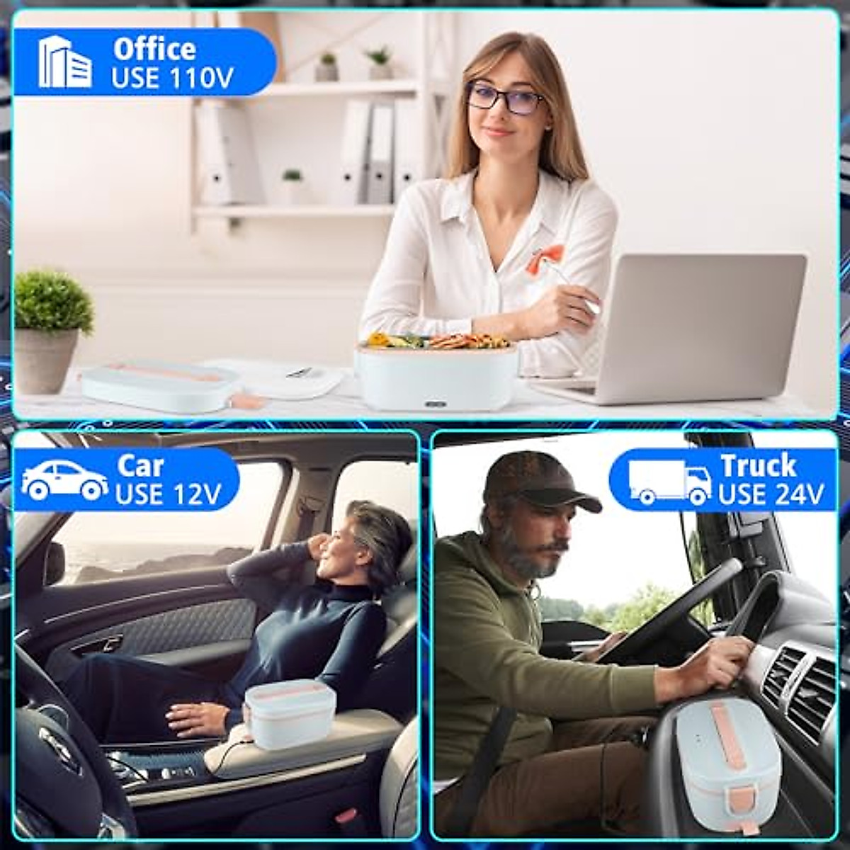 CTSZOOM Electric Lunch Box - 80W Heated Lunch Box 1.5L 4 in1 Portable Food Warmer with Detachable Dividers for Car/Truck/Office 12V/24V/110V, Leakproof Lunch Heater (Chambray)