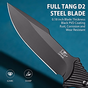 LOTHAR KA52 Fixed Blade Knife, Sharp D2 Steel Blade Survival Knife with Kydex Sheath, Hunting Knives with G10 Handle, Camping Bushcraft Knife for Outdoor, Camping Gifts For Men