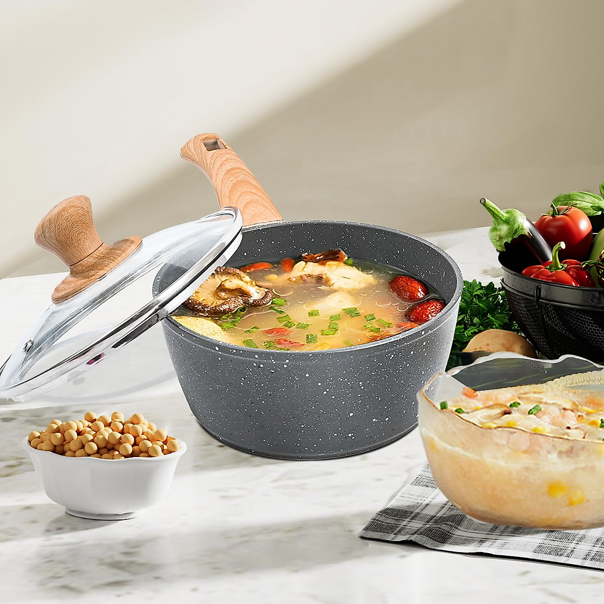 SUPEER 2-Quart Pot with Glass Lid&Wooden Handle,Soup Pan Milk Pan,Non-Stick Cookware for Electric,Induction and Gas Stoves.PFOA Free,Dark Gray