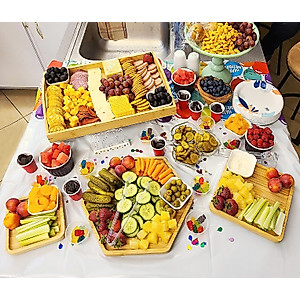 PAFREWOG Bamboo Serving Trays Cutting Boards 16.5"x11.8"（42x30cm with Handle, Set Includes 0.63"(1.6cm) Thick Plates Hexagon 12.5"(32cm)+Square 7.8"(20cm)+Circle 7.8"(20cm) for Family Dinner Time