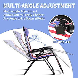 Northroad Set of 2 Zero Gravity Lounge Chairs Adjustable Steel Mesh Relaxing Recliners Outdoor Folding Patio Lawn Chair w/Pillows & Cup Holder Trays - American Flag