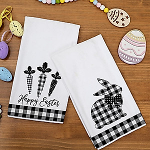 ARKENY Easter Kitchen Towels for Easter Decor Black Buffalo Plaid Check Bunny Dish Towels 18x26 Inch Bar Drying Cloth Carrot Hand Towel for Kitchen Bathroom Party Easter Decorations Set of 2