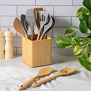 Dehaus® Stylish Large Bamboo Utensil Holder - Premium Wooden Kitchen Utensil Organizer - Utensil Caddy for Countertop - Counter Storage Crock for Cooking Spoon, Spatula, Silverware or Flatware