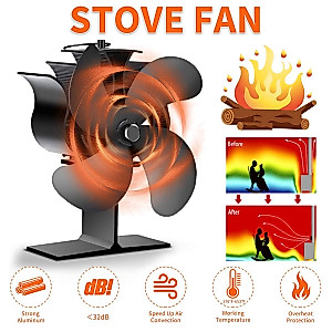 EIVOTOR Heat Powered Stove Fan 4-Blade Auto-sensing Fireplace Fan for Wood/Log Burner/Fireplace,Eco Friendly and Efficient wood stove fan