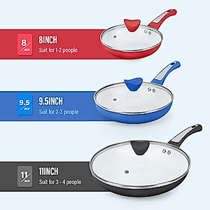 SHINEURI 6 Pieces Nonstick Pans with Lid, Nonstick Frying Pan with Lid, Ceramic Pans with Lid, Nonstick Skillet with Lids, Non-stick Skillet, Ceramic Skillets, Ceramic Nonstick Pan Set - 8/9.5/11 inch