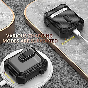 Polislime AirPods Case Cover with Cleaner kit & Magnetic Anti-Lost Straps,Secure Lock Clip with Carbon Fiber Protection Design Case Shell for Apple Airpod Case 2nd &1st Generation -【5 in 1】 Black