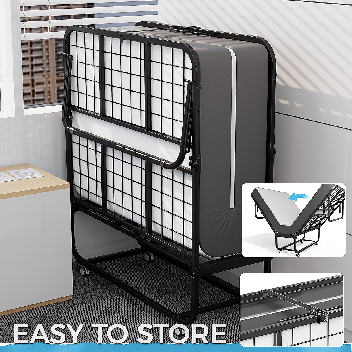 SPERTIKC Folding Bed with 5” Mattress, 75" x 38" Twin Folding Bed for Adults, Portable Foldable Twin Bed, Fold up Guest Bed with Study Metal Frame on Wheels, Space Saving